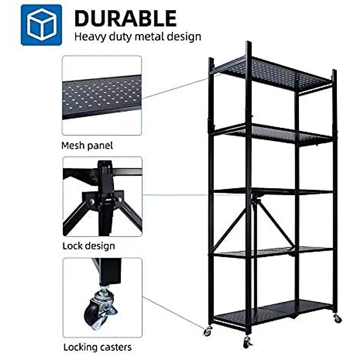Malson Metal Storage Rack with Wheels, 5-Tier Storage Shelf Heavy Duty Storage Shelving Unit and Metal Organizer Wire Rack for Home Office Kitchen Bathroom Organization