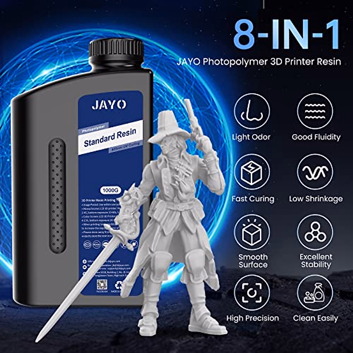 3D Printer Resin, JAYO 1KG 3D Resin for 4K 8K LCD/DLP/SLA 3D Printers, 405nm Standard Photopolymer Fast Curing Resin, High Precision, Low Shrinkage, Grey 1000g