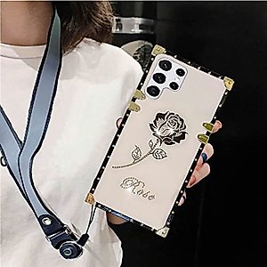 for Samsung S23 Ultra 5G Phone Case,Babemall Luxury Bling Diamond Rose Stylish Protective TPU Cover with Reflective Neck Strap （White）