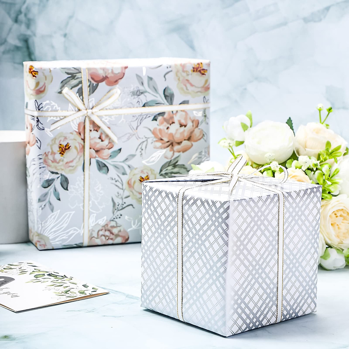 LeZakaa Reversible Silver Foil Wrapping Paper Roll - Silver Flower & Plaid Design for Wedding, Engagement, Bridal Shower, Anniversay, Mother's Day - 17 inches x 32.8 Feet