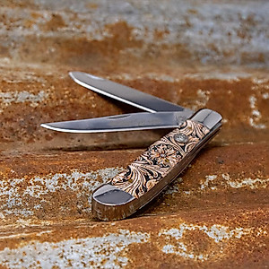 WHISKEY BENT HAT CO. Traditional Trapper Folding Pocket Knife 4.125" Closed Length 440C Stainless Steel Blades (Floral Tool)