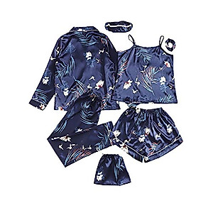 SheIn Women's 7pcs Pajama Set Cami Pjs with Shirt and Eye Mask Royal Blue Medium