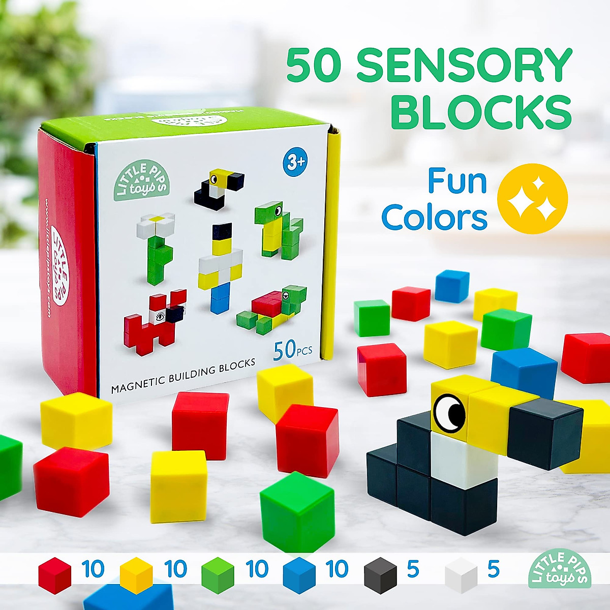 LITTLE PIPS TOYS 50PCS Magnetic Blocks for Kids [Ages 3–6] – 3D Magnetic Building Blocks Set with Child-Safe Magnetic Cubes & Eye Stickers – STEM Magnetic Toys for Critical Thinking, Motor Skills