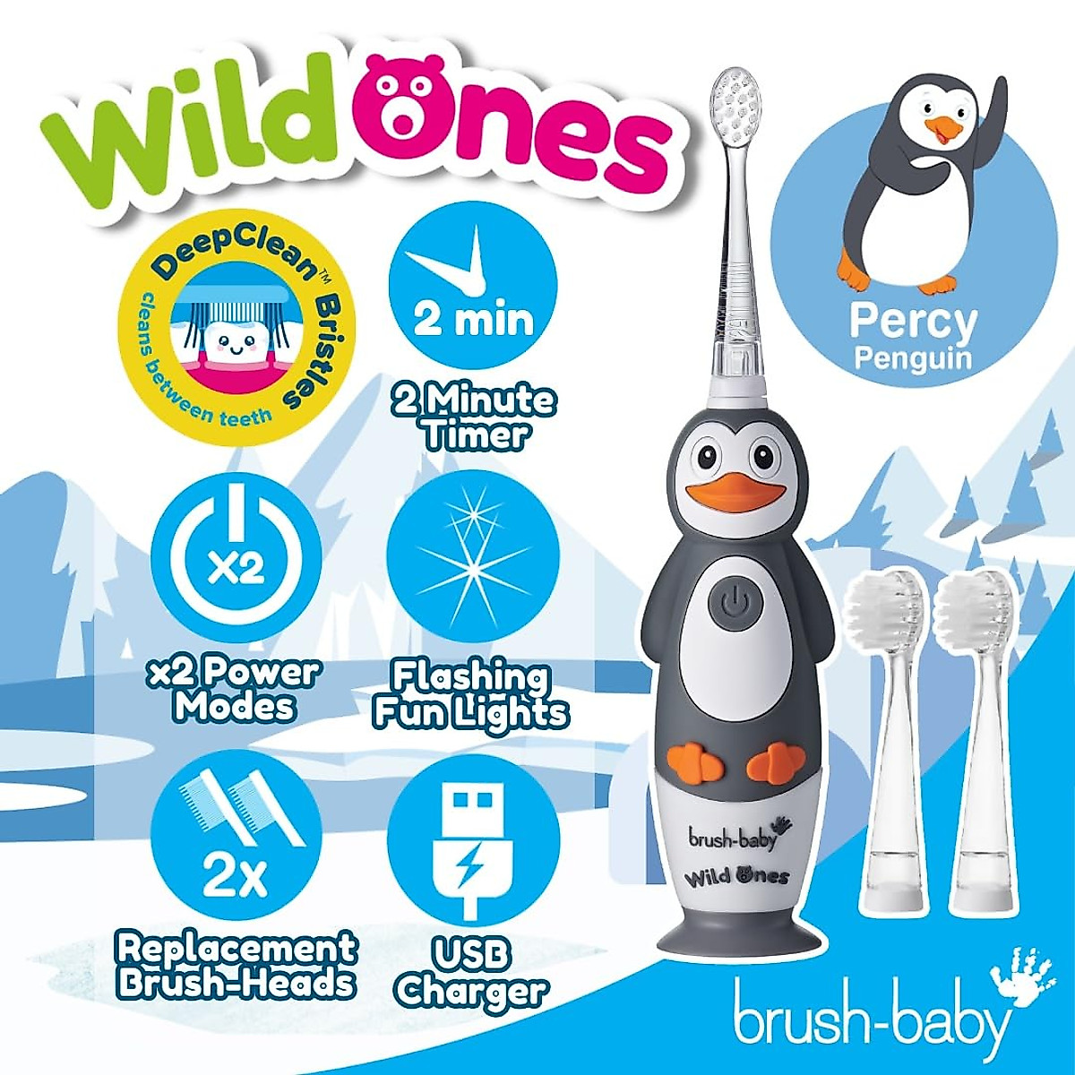 brush-baby WildOnes Kids Electric Rechargeable Toothbrush Penguin, 1 Handle, 3 Brush Heads, USB Charging Cable, for Ages 0-10 (Penguin)