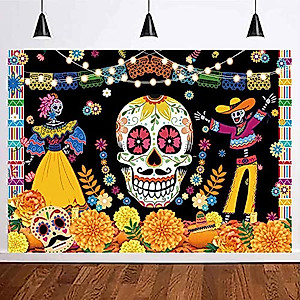 MAQTT 7x5ft Day of Death Backdrop for Mexican Fiesta Party Decoraion Dia DE Los Muertos Flowers and Sugar Skull Photography Backdrops Dress-up Party Supplies