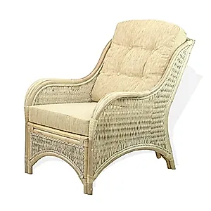 Jam Lounge Living Accent Armchair Natural Rattan Wicker Handmade Design with Cream Cushion, White Wash