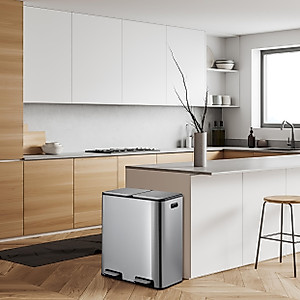 GarveeHome 60 Liter / 16 Gallon Rectangular Hands-Free Dual Compartment Recycling Kitchen Step Trash Can with Soft-Close Lid, 2 Plastic Inner Buckets and Hinged Lids, Brushed Stainless Steel