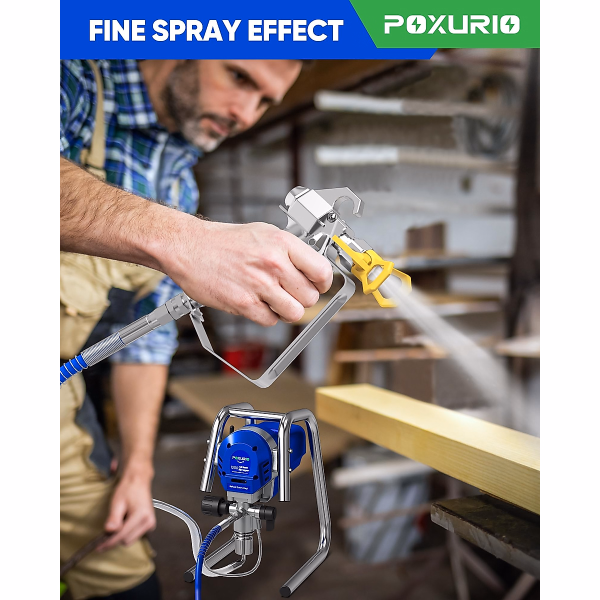 POXURIO 1200W Airless Paint Sprayer, 3300PSI High Efficiency Electric Paint Sprayer with Extension Rod, Thinning-Free Stand Airless Sprayer for Home Exterior and Interior, Garage, Deck, Furniture