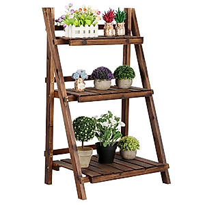 Yaheetech Folding Plant Stand Wooden Foldable Plant Shelf 3-Tier Flower Pot Stand Plants Display Shelf Rack Ladder Garden Indoors Outdoors 23.6 x 15 x 36.6in