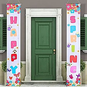 Hello Spring Door Cover Spring Floral Jar Door Backdrop Decor Colorful Flower Butterfly Hanging Seasonal Door Banner for Spring Easter Party Decor Supplies (Happy Spring)