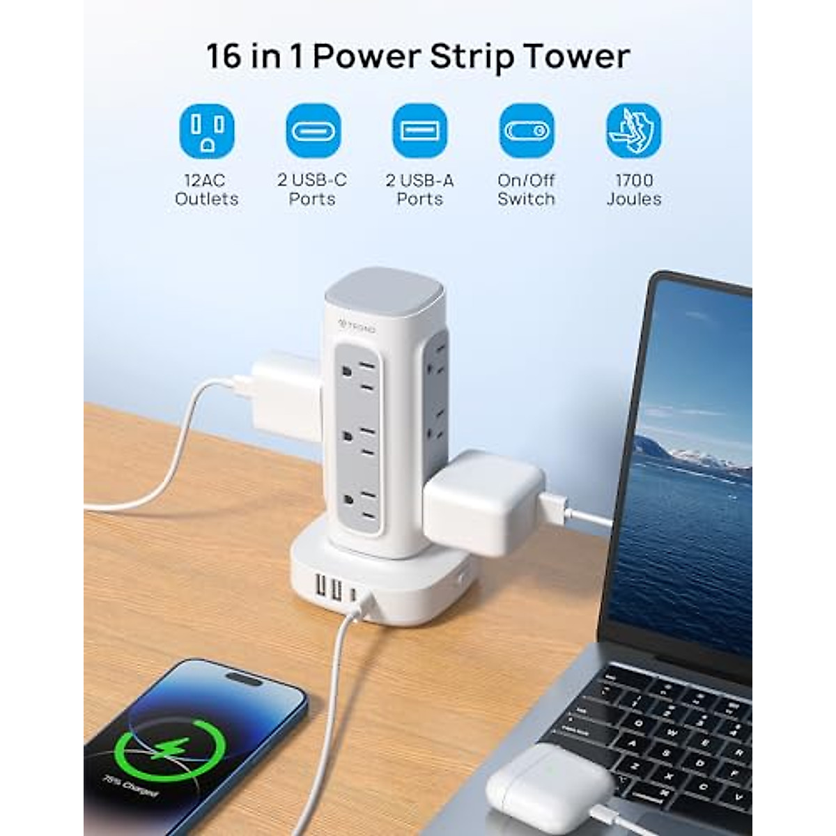 TROND Tower Power Strip Surge Protector - Power Strip with 4 USB Ports(2 USB C), 12 Widely Spaced Outlets, Ultra Thin Flat Plug 10ft Extension Cord, 1700J, for Home Office Supplies, Dorm Essentials