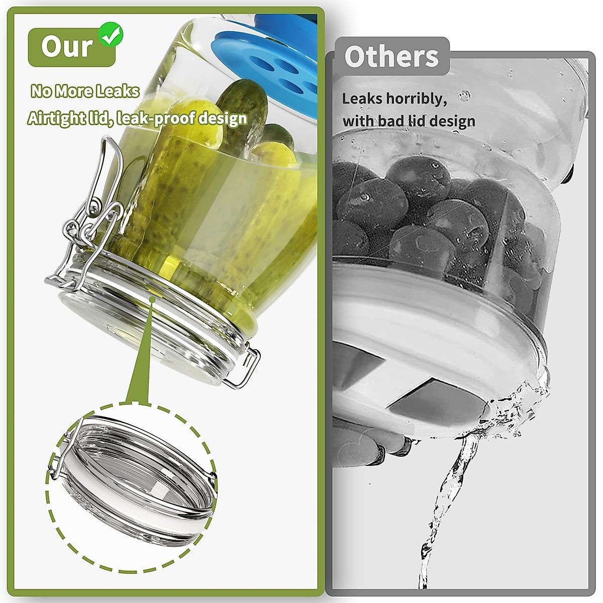 77L Upgrade Pickle Jar with Strainer Flip, 100 Percent Airtight and Leak Proof Glass Hourglass Pickle Juice Separator Jar for Olive and Jalapenos, 1300ML Pickle Container for Pickling and Storing