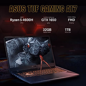ASUS 2022 TUF A17 17.3" 144Hz FHD Gaming Laptop, AMD Ryzen 5 4600H, NVIDIA GeForce GTX 1650, 32GB RAM, 1TB PCIe SSD, RGB Backlit Keyboard, Win 11 Pro, Bonfire Black, 32GB Snowbell USB Card