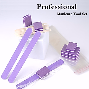 50 Set Disposable Manicure Kit, Including 50pcs Mini Nail Buffer, 50pcs Nail File, 50pcs Wood Stick, 50pcs OPP Bag, Press on Nail Tool Kit for Salon Home (Purple)