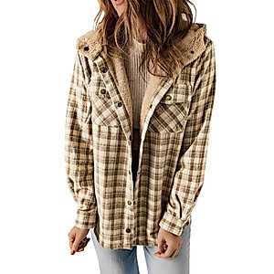 Dokotoo Shacket Jacket Women Fashion Plaid Oversized Hooded Long Sleeve Flannel Shirts Button Down Sherpa Coats Pocketed Casual Winter Fall 2024 Thick Fleece Lined Oversized Outerwear Khaki L