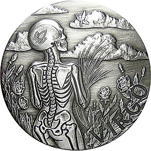 SkullCoins VIRGO - 2015 Memento Mori Zodiac Series #8 - 1 Oz Antique Finish Silver Round - Low Mintage of Only 500 Pieces