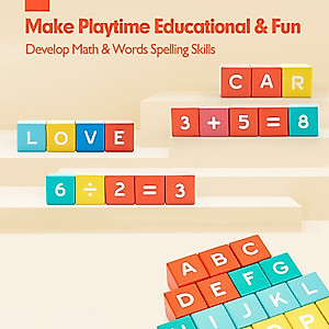 hahaland Wooden Blocks - Building Blocks Set with Number Alphabet Letter Car - City Construction Stacking Toddler Toys Montessori Toys for 3 Year Old Girls Boys Kids Building Toys for Ages 3-4-5-6