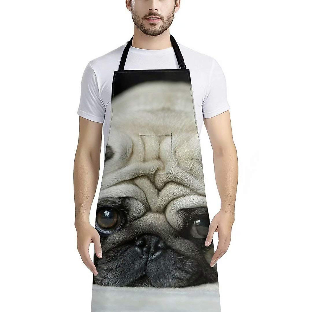 Dellukee Kitchen Adjustable Bib Apron With Pocket Pug Printed Women Men Cute Durable Waterproof Aprons For Home Restaurant BBQ, 36" x 28.6"