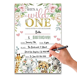 FujLoy Wild One Birthday party Invitations, Wild One Invitations, Jungle Theme, Animals Birthday Party Invites.（060）