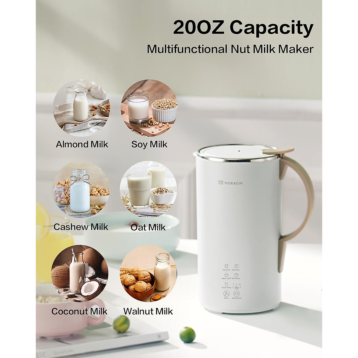 MOKKOM Nut Milk Maker, Automatic Almond Milk Machine for Homemade Plant-Based Milk, Oats, Soy, Dairy Free Beverages, 20 oz Soy Milk Maker with Delay Start/Keep Warm/Self-Clean/Boiling, Pearl White