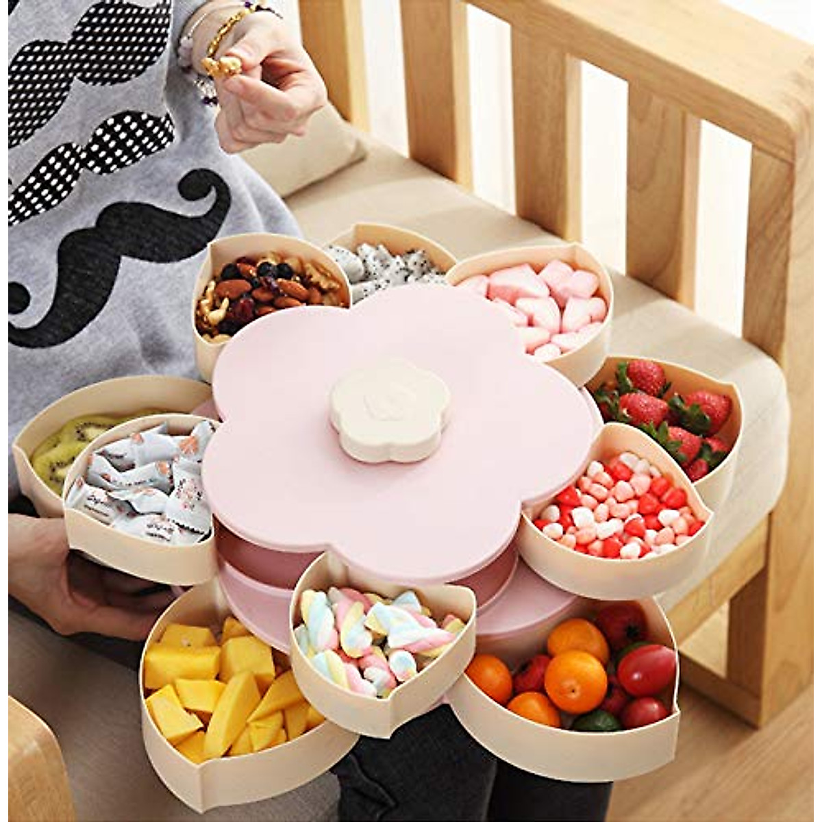 Double Layer Candy and Nut Serving Container, Petal-Shaped Rotating Snack Serving Tray 10 Variety Mixed Nut Assortment Tray, Food Storage Organizer, Divided Snack Platter(Pink)