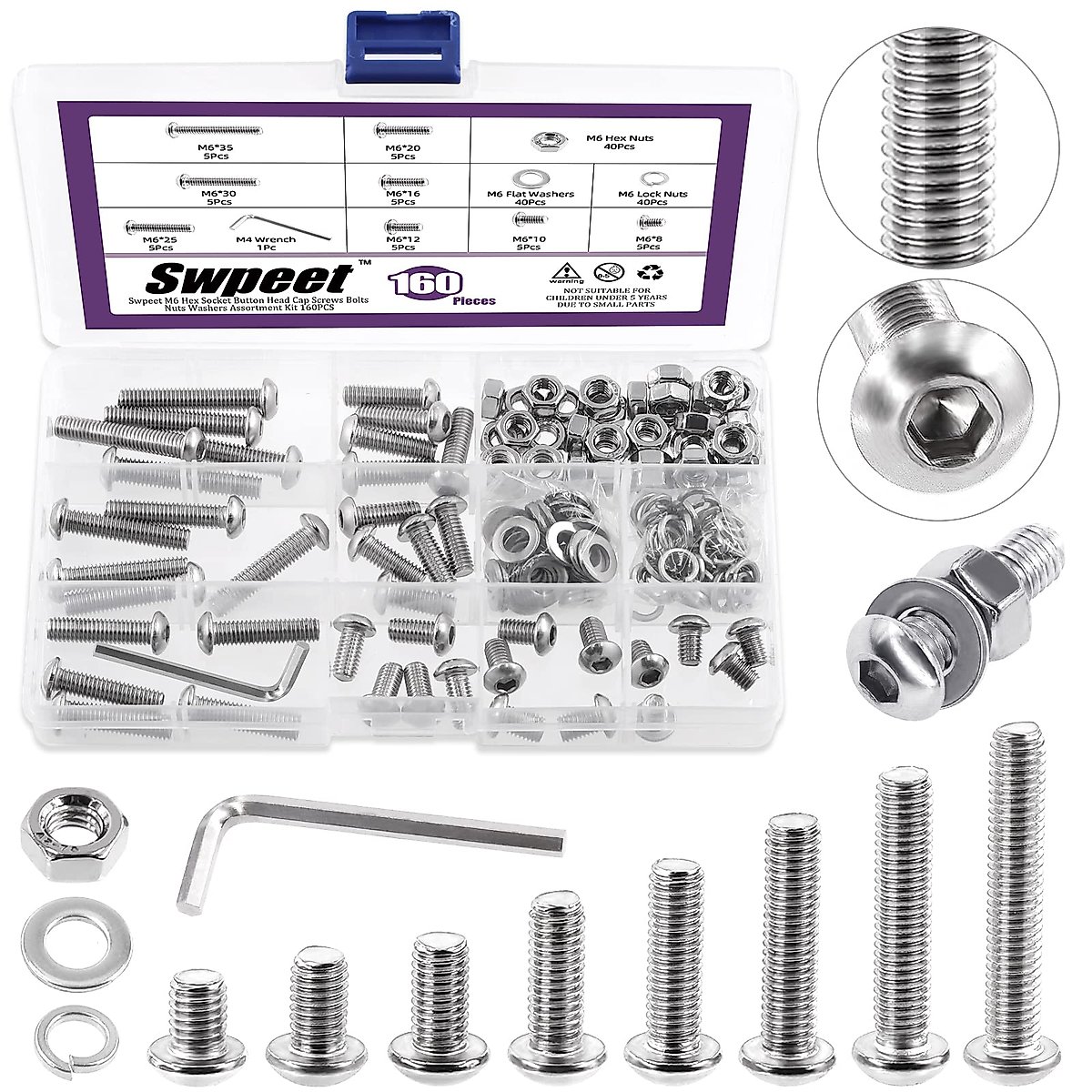 Swpeet 161Pcs M6 Metric 304 Stainless Steel Button Head Hex Socket Head Cap Bolts Screws Nuts and Hex Nuts with Flat Washers and Split Lock Washers Kit, Screws Nuts Washers Wrench All Included