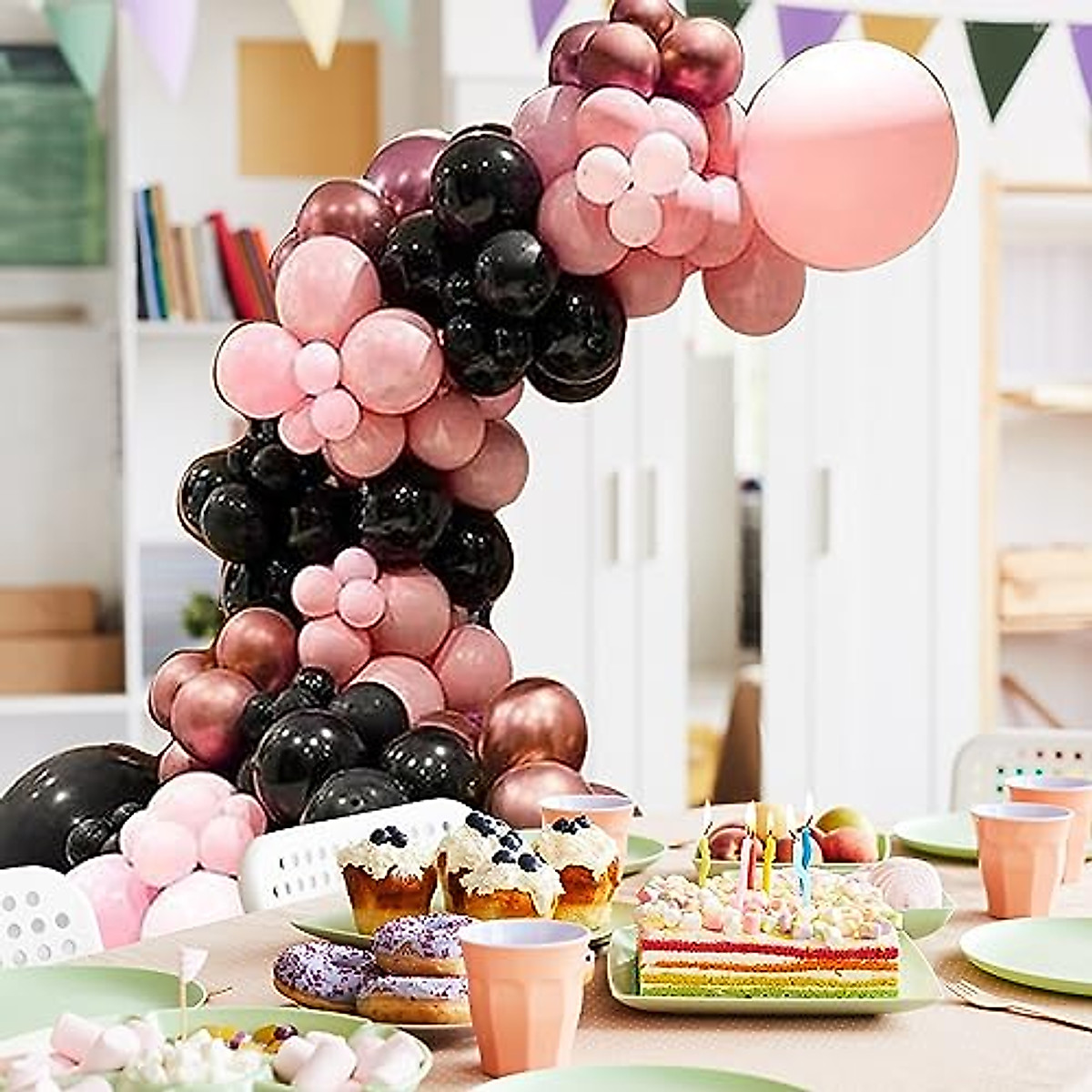 Pink and Black Balloon Arch Kit, Light Pink and Black Balloons Garland with Metallic Rose Gold Balloons, Baby Pink Balloons for Girls Women Birthday Bachelorette Princess Party Decorations