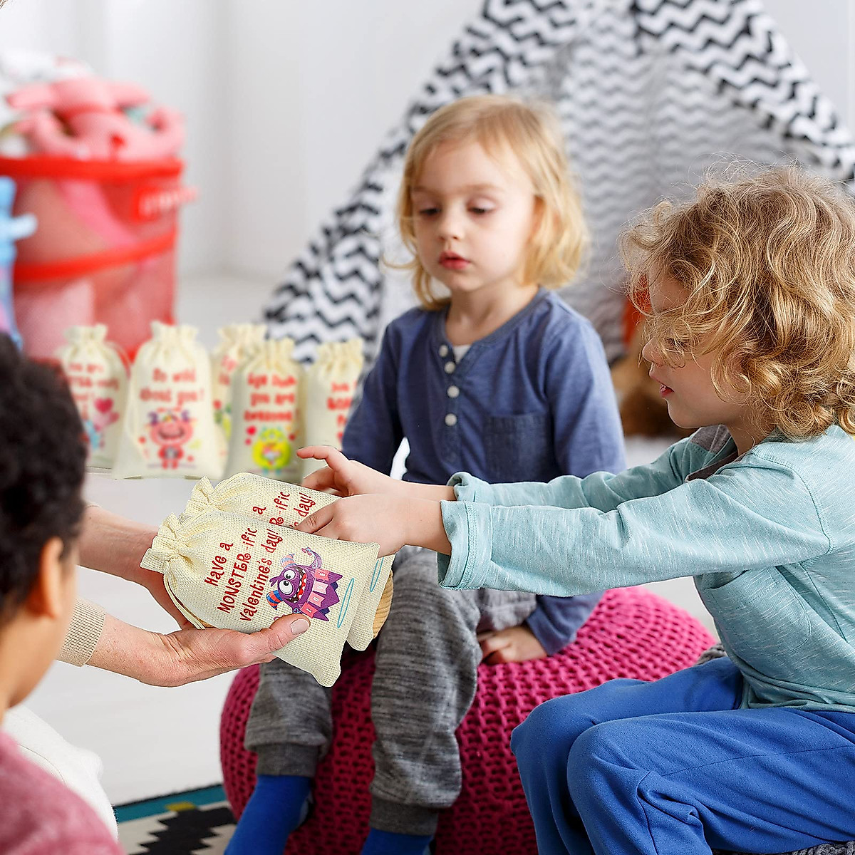 45 Pcs Valentine's Day Burlap Bags Burlap Canvas Gift Bags with Monster Pattern Valentine Linen Reusable Drawstring Bags Candy Treat for Boys Girls Valentine's Day Favors Party Gifts Supply 6 x 4 Inch