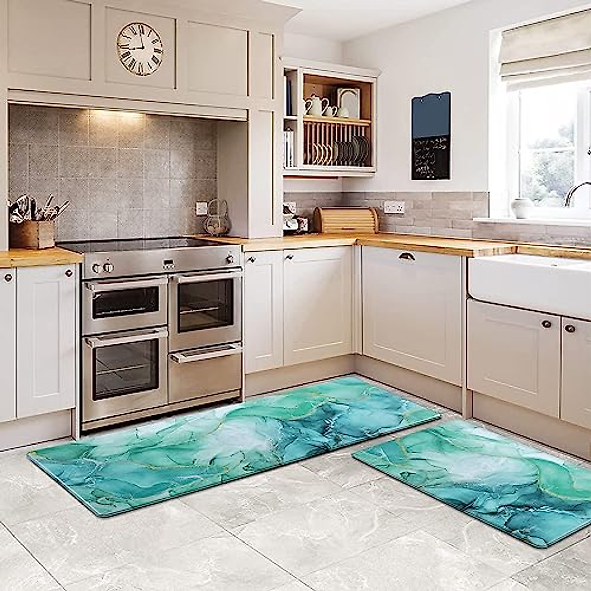 BLEUM CADE 2 PCS Kitchen Rugs and Mats Teal Marble Kitchen Mats for Floor Anti Fatigue PVC Waterproof Leather Runner Rug Non Slip Cushioned Standing Mat for Sink Laundry 17.3''x30''+17.3''x47''