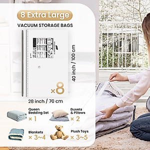 TAILI Long Side Zip - 8 Extra Large Vacuum Storage Bags for Bedding for Towels, Blankets, Pillows or Clothes-Space Saver Vacuum Seal Bags for Clothing Ideal Under Bed Storage Solution
