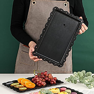 Plastic Serving Trays Food Tray - 14" x 9" Black Rectangle Serving Platter for Party | Cafeteria | Kitchen | Restaurant - Set of 4 Small Flat Trays for Dessert | Fruit | Cookie | Snack | Appetizer