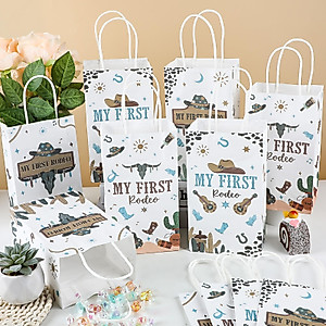Justforjoyful 16Pcs My First Rodeo One Birthday Party Favors Bags Cowboy 1st Birthday Gift Snacks Treat Candy Paper Bags with Handle for Cowboy 1st Birthday Party Decorations Supplies 8 * 4.7 * 3inch