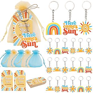 Serencatcher 90pcs Here Comes The Sun Baby Shower Decorations, Boho Sun Party Favors Include Boho Rainbow Sun Keychains Thank You Gift Tags Organza Bag for Sunshine Baby Shower Birthday Decorations