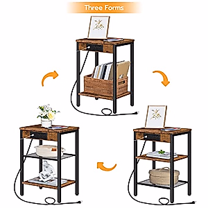 HOOBRO End Table with Charging Station and USB Ports, 3-Tier Nightstand with Adjustable Shelf, Narrow Side Table for Small Space in Living Room, Bedroom and Balcony, Rustic Brown BF112BZ01