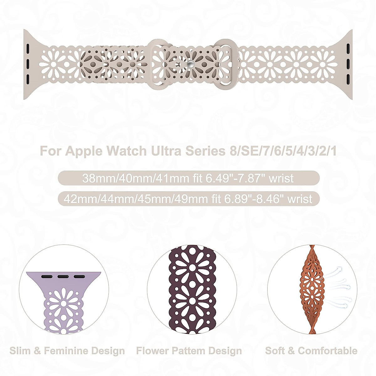 Steezrd 5 Pack Slim Lace Silicone Bands Compatible for Apple Watch Band 38mm 40mm 41mm 42mm 44mm 45mm 49mm, Thin Hollow-out Breathable Sport Strap for iWatch Ultra Series 8/7/SE/6/5/4/3/2/1 Women Men