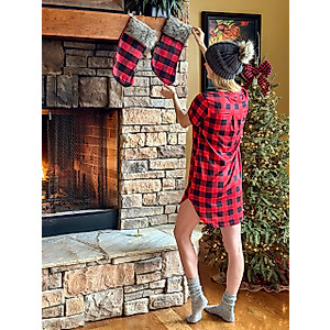 Ekouaer Womens Night Gowns Button Up Sleep Dress Comfortable Night Shirt Classic Red Black Plaid Nightgown