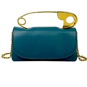 Safety Pin Clutch Handbag with Gold Chain Shoulder Strap, Blue