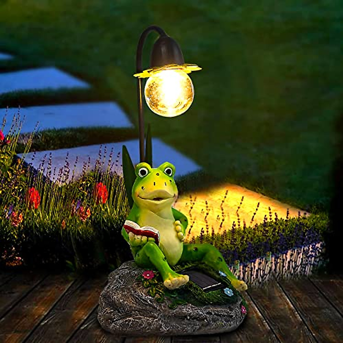 Garden Statues Outdoor Decor, Resin Frog Sculptures & Statues with Edison Bulb Waterproof Solar Figurines Lights for Yard, Lawn, Pond, Patio or Ornaments Gift
