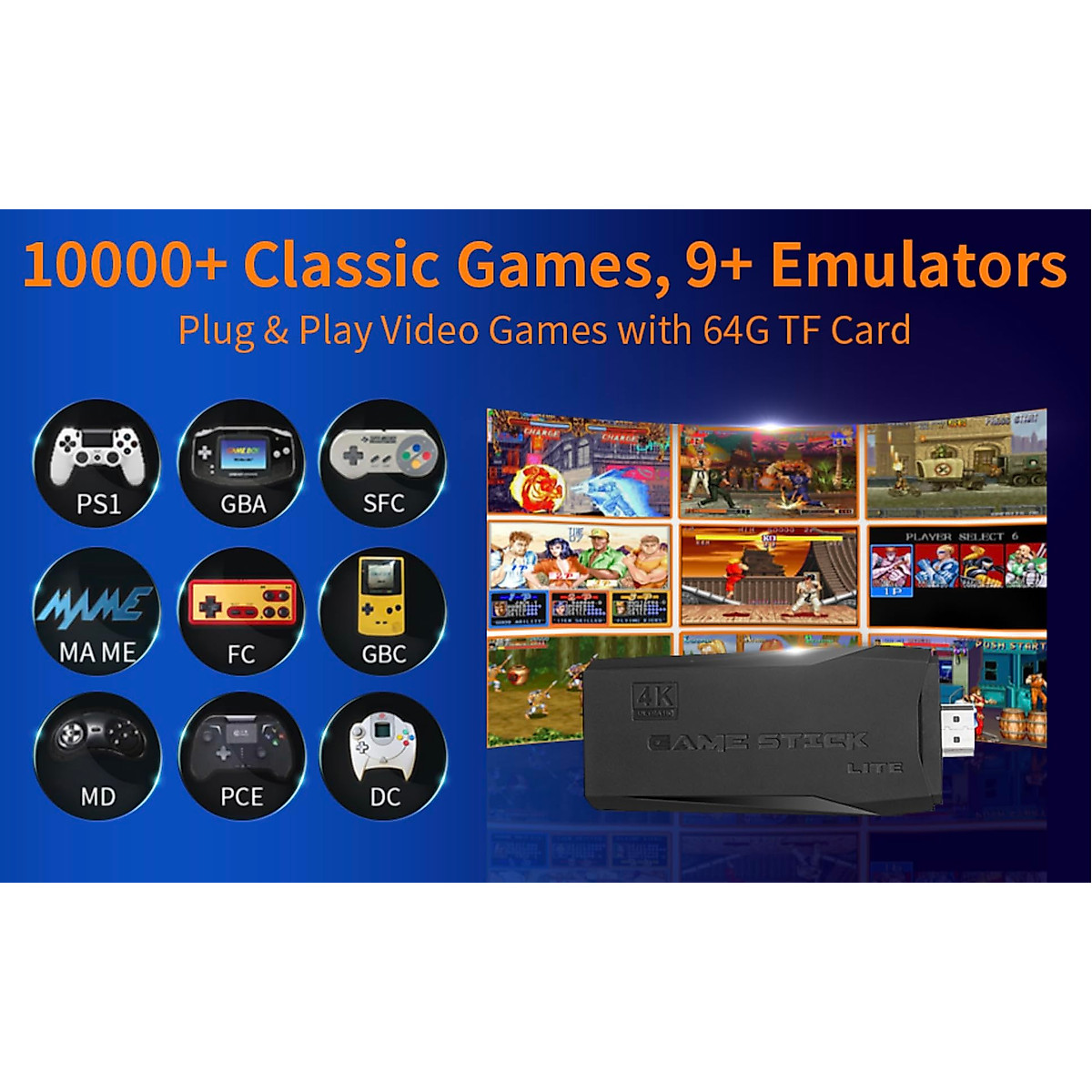 Wireless Retro Game Console,Retro Game Stick,Nostalgia Stick Game, Plug and Play Video Game Stick Built in 10000+ Games,9 Classic Emulators,