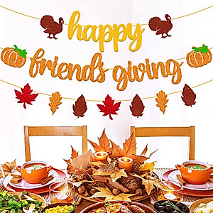Happy Friends Giving Banner Fall Leaves Garland Thanksgiving Day Autumn Turkey Theme for Happy Friendsgiving Party Glitter Gold Decorations