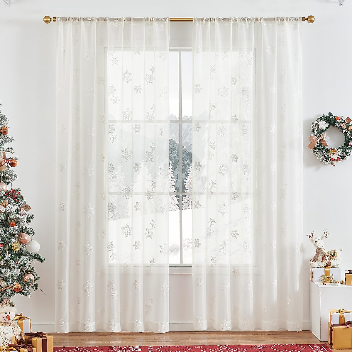 jinchan Christmas Curtains White Snowflake Embroidered Sheer Curtains 84 Inch Length Light Filtering Xmas Backdrop Window Curtains for Living Room 2 Panels Set Bedroom Rod Pocket Curtains