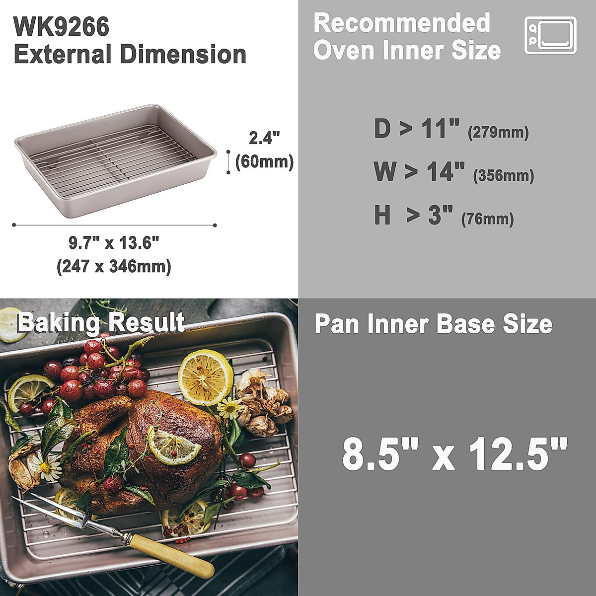 CHEFMADE Roasting Pan with Rack, 13-Inch Non-Stick Rectangular Deep Dish Oven-BBQ Bakeware for Oven Baking 9" x 13" x 2.4" (Champagne Gold)