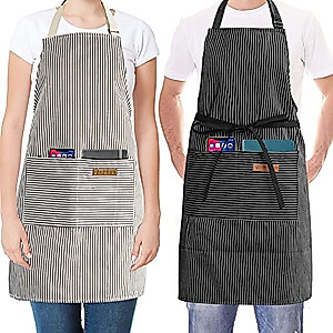 Yiclick [2 Pack] Chef Cooking Kitchen Apron with Pockets for Women Men, Waterproof Adjustable Cotton Bib Apron For Baking Garden BBQ Mothers Day Kitchen Gifts (Black&White)