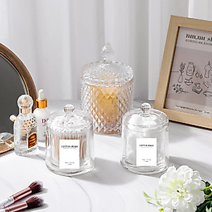 rejomiik 2 Pack Qtip Holder Thick Glass Apothecary Jars with Lid for Bathroom Accessories Vanity Organizers and Makeup Storage for Cotton Ball, Swabs, Makeup Sponges, Candy, Jewelry, Clear