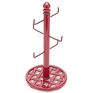 Home Basics Weave 6 Hook Cast Iron Mug Tree, Red | Great for Your Coffee Mugs | Decorative on Countertop | Weighted Base | Pop of Color | Use to Organize Jewelry