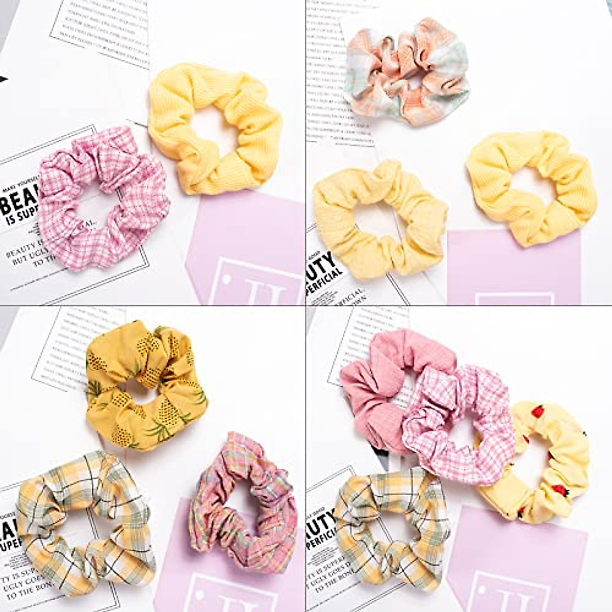 10pcs Cute Plaid Hair Ties Printed Hair Scrunchies Ponytail Holder Colorful Hair Elastics Bands Hair Accessories for Women Girls (Yellow)