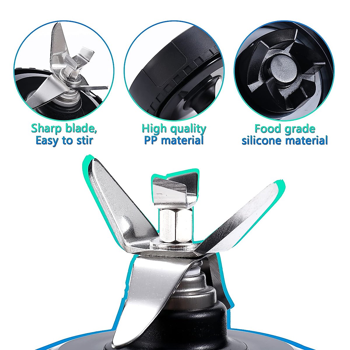 Blender Replacement Parts Compatible with Nutri Ninja, 5 Fins Extractor Blade, 2×16oz Cups with To-Go Lids, 3×Rubber Gasket Accessories for Ninja QB3000/QB3000SSW/QB3004/QB3005/QB3001