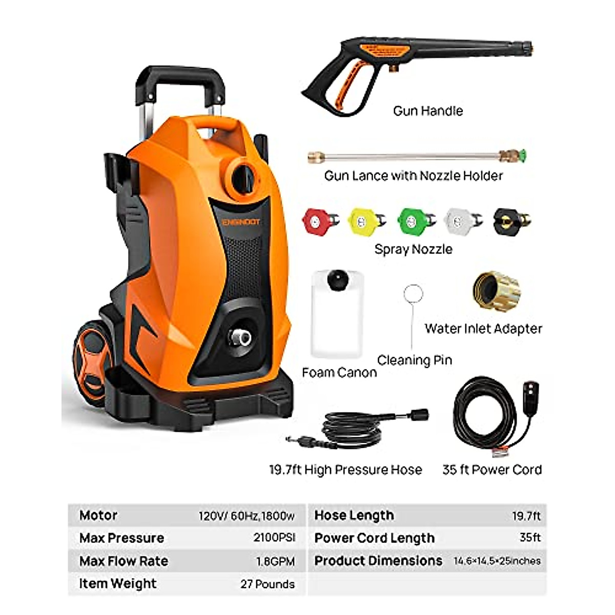 Electric Pressure Washer, ENGiNDOT 2100 PSI 1.8 GPM Electric Power Washer with 5 Spray Nozzles, Pressure Clean Machine with Total Stop System for Cleaning Stair, Car, Driveway, Garden, Deck, Fence