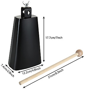 Acrux7 7 Inch Large Cow Bell Noise Makers, Metal Cowbell with Handle and Stick, Hand Percussion Music Cowbell for Sporting Events, Drum Set, Church, Weddings, Beautiful Clear Tapping Sound (Black)