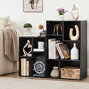 VECELO Wide 8-Cube Wood Organizer Bookcase Sets, Fits Tallest Hardcovers, 3-Tier Customized Storage Display Shelf, Free Standing for Living Room, Bedroom, Kids Room, Office, Black